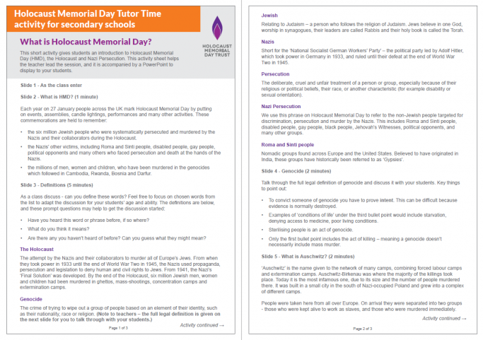 Holocaust Memorial Day Tutor Time Activities for Secondary Schools ...
