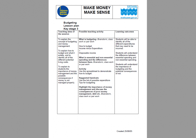 Budgeting lesson plan and resources for KS3 citizenship/financial ...