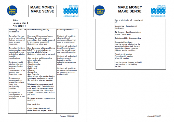 Bills lesson plan and resources for KS4 citizenship/financial education ...