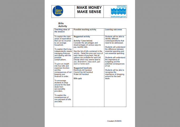 Bills lesson plan and resources for KS4 citizenship/financial education ...