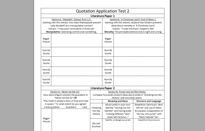 Quotation Planning Tests for the AQA GCSE English Literature Papers ...