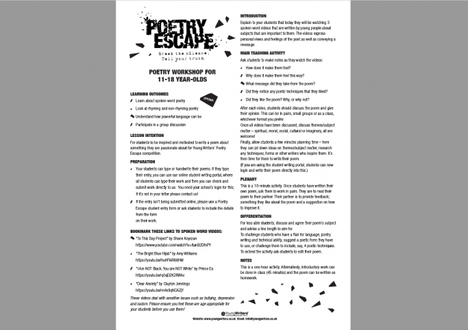 Young Writers Poetry Escape Competition Activity Pack for KS3/KS4 ...