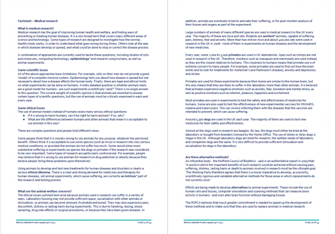 RSPCA Animals Used in Research KS4 Lesson Plan – Exploring Case Studies ...