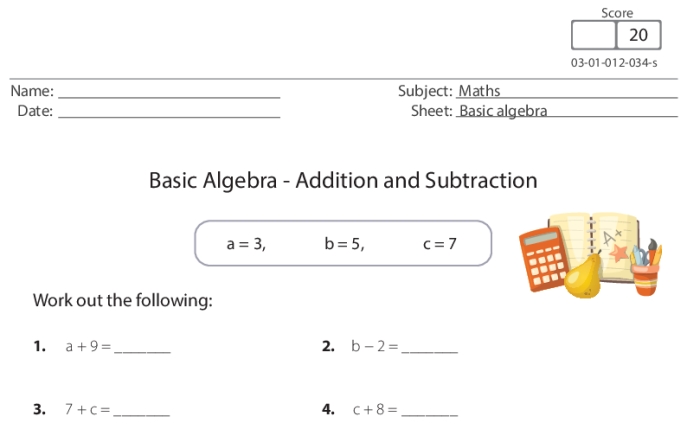 Basic Algebra – Addition and Subtraction Worksheet for KS1 - Teachwire