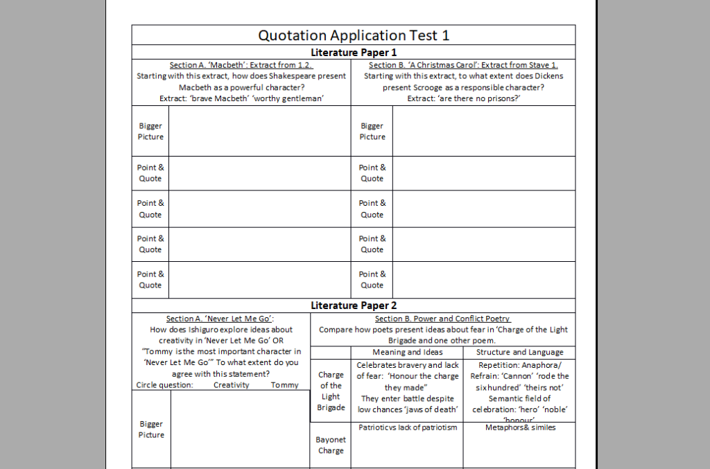 Quotation Planning Tests for the AQA GCSE English Literature Papers ...