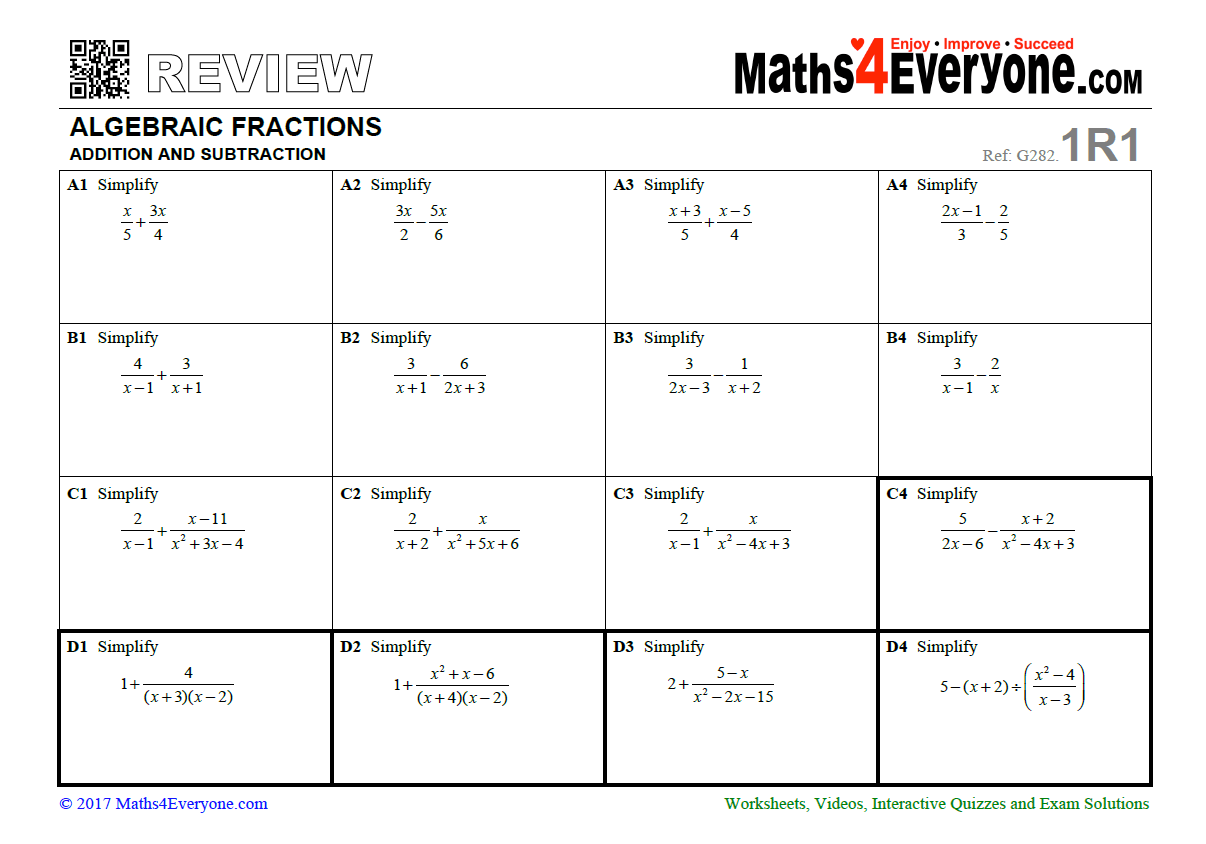 Algebraic Fractions: Adding and Subtracting Worksheet for GCSE Maths ... Algebraic Fractions: Adding and Subtracting Worksheet for GCSE Maths ...