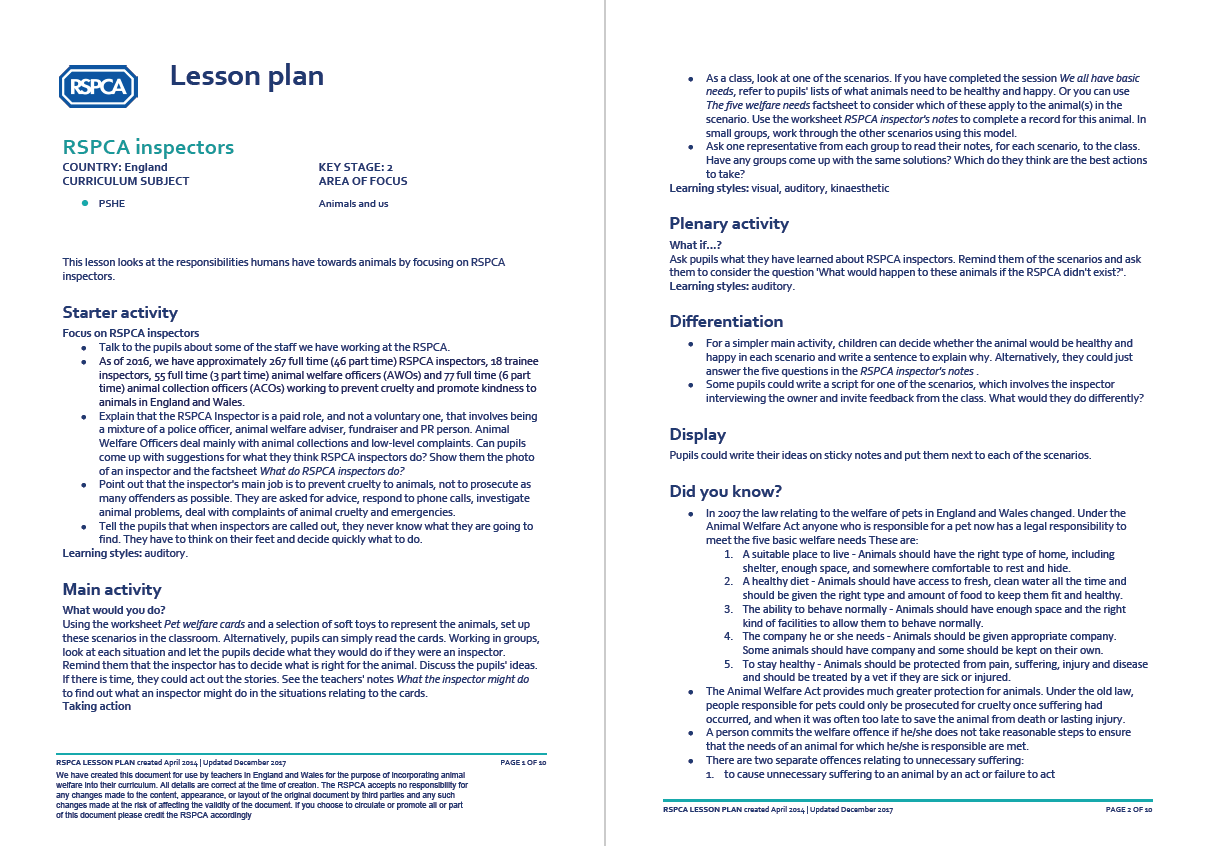 RSPCA Animals and Us KS1/2 Lesson Plan – RSPCA Inspectors - Teachwire