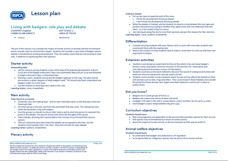 RSPCA Biodiversity KS3 Lesson Plan – Living with Badgers: Role Play and ...