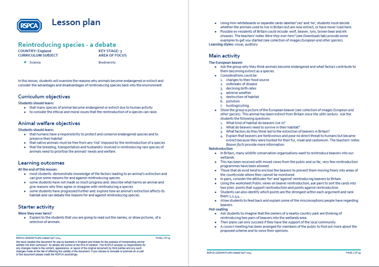 RSPCA Biodiversity KS3 Lesson Plan – Reintroducing Species: A Debate ...