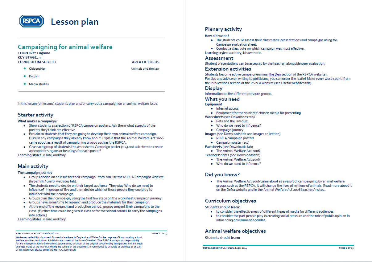RSPCA KS3 Lesson Plan – Campaigning for Animal Welfare - Teachwire