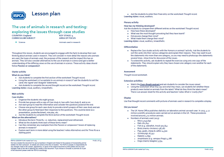 RSPCA Animals Used in Research KS4 Lesson Plan – Exploring Case Studies ...