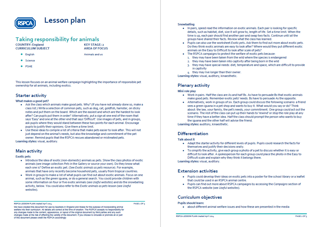 RSPCA Animals and Us KS1/2 Lesson Plan – Taking Responsibility for Pets ...