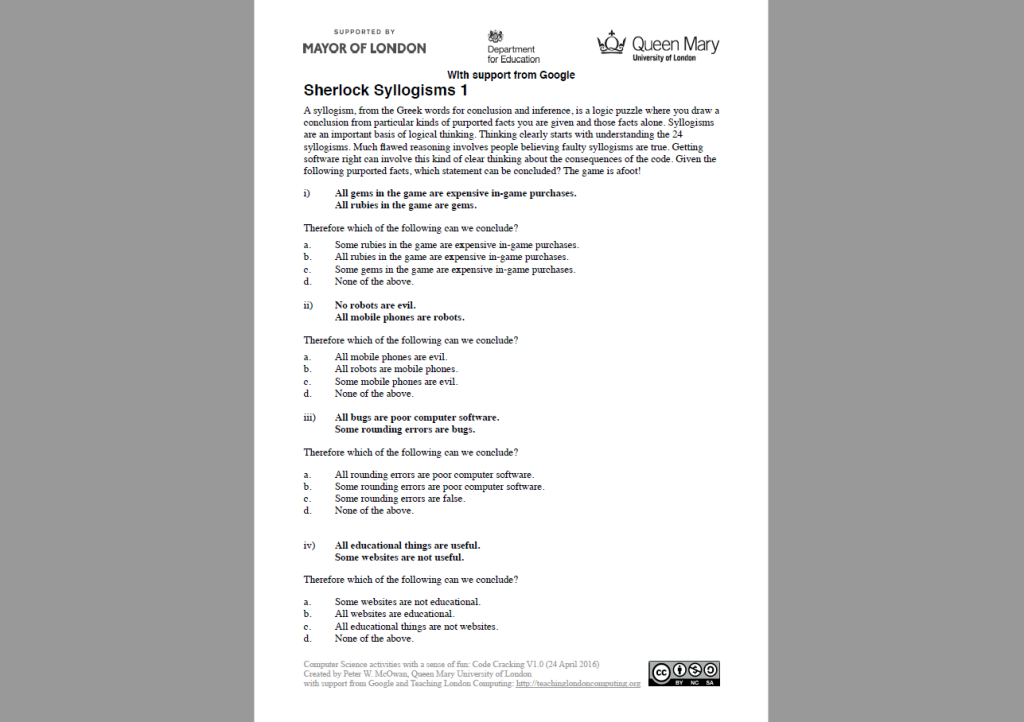 Logic Puzzles With Answers Syllogisms Computing Worksheet Teachwire