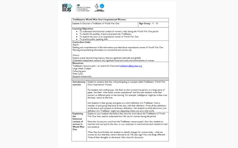 Trailblazers: World War One’s Inspirational Women Lesson Plan Age 11-16 ...