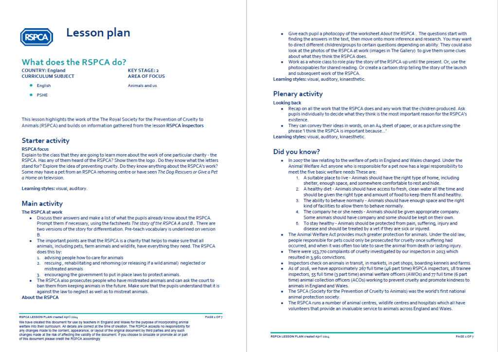RSPCA Animals and Us KS1/2 Lesson Plan – What does the RSPCA Do ...