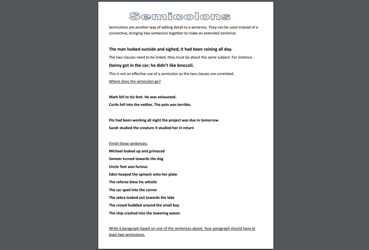 8 of the best colons and semicolons KS2 worksheets and resources ...